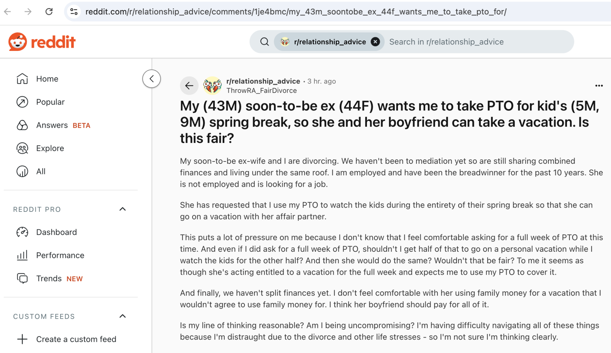 His Almost Ex-Wife Expects Him To Use His PTO To Watch Their Kids So ...