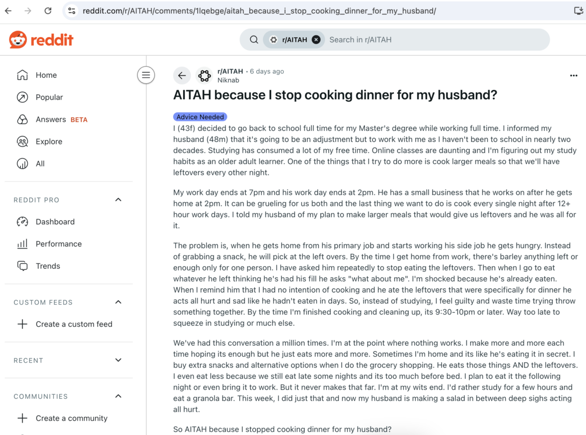 She Quit Cooking Dinner For Her Husband After He Started Eating Quite ...