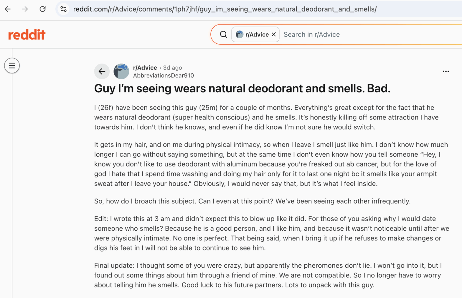 She's Dating A Great Guy, But His Natural Deodorant Doesn't Work And ...